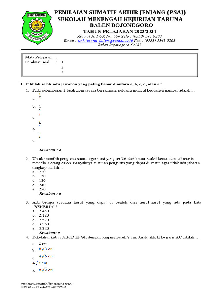 Soal Psaj MTK SMK 2024 | PDF