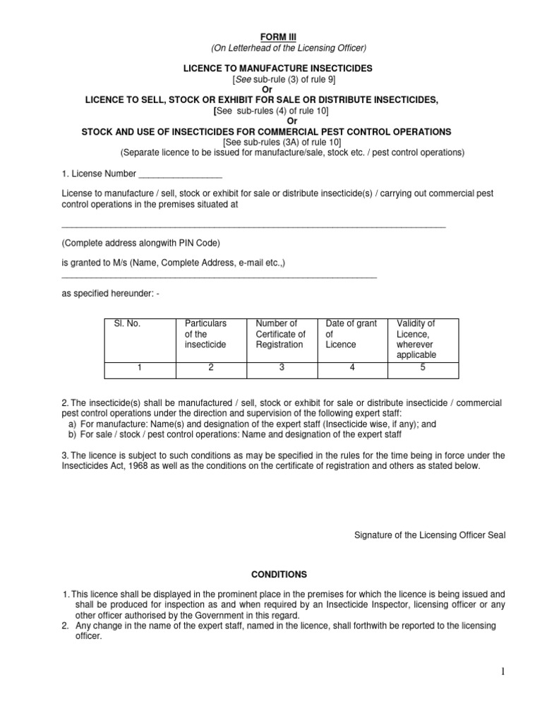 Form III Licence To Manufacture Sell Stock Distribute Commercial Pest ...