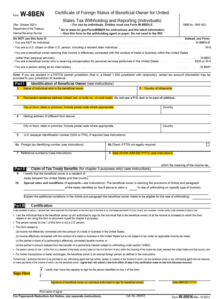 W-8BEN Form Instructions for Individuals | PDF | Irs Tax Forms | Taxes