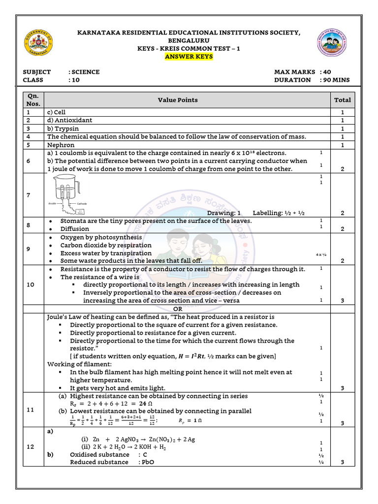 KCT 01 Science Key Answers Final | PDF | Cellular Respiration | Nutrition