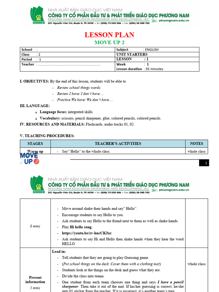 Move Up 2 - Kế hoạch bài dạy (Lesson Plan) - Unit Starter | PDF ...