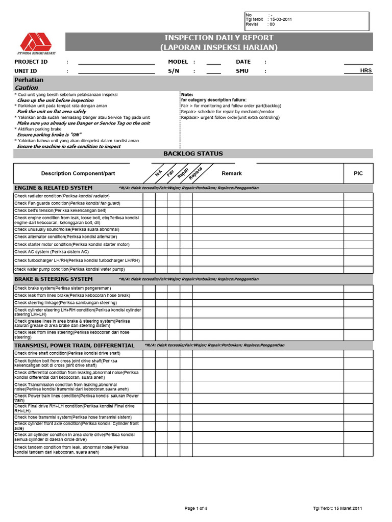 Daily Inspeksi | PDF | Mechanical Engineering | Automotive Industry
