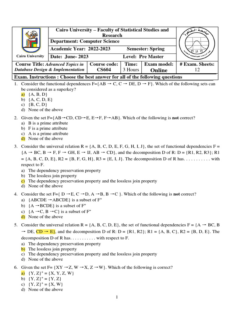 امتحان الداتابيز تيرم تانى ٢٠٢٣ Database CS604 FinalExam 2022 2023 T2 ... امتحان الداتابيز تيرم تانى ٢٠٢٣ Database CS604 FinalExam 2022 2023 T2 ...