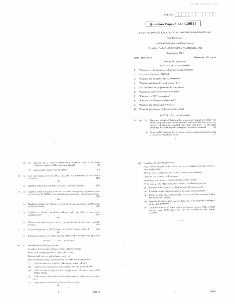 AD3391 - Database Design and Management_R2021 - 2023 Nov | PDF