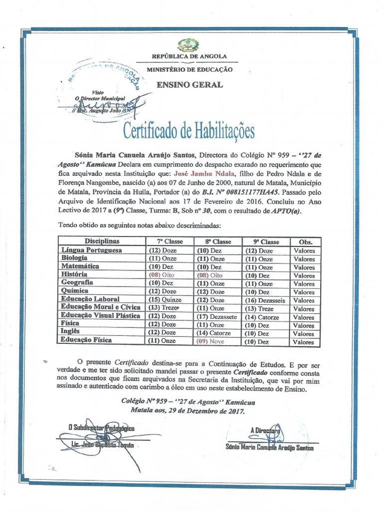 Certificado Da 9 Classe de Angola | PDF