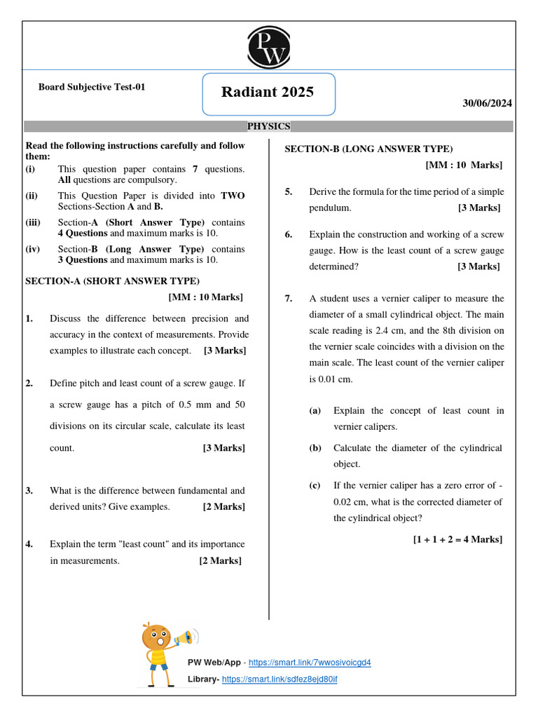 Board Subjective Test 01 - Test Paper (Physics) - PDF Only - (Radiant ...