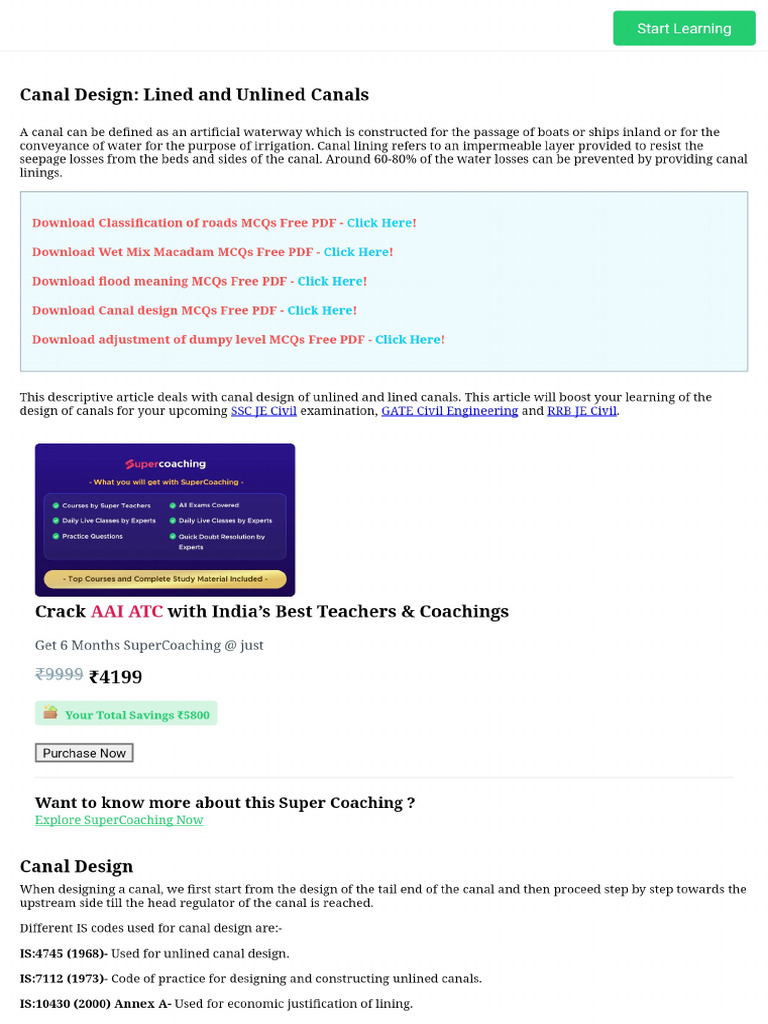 Canal Design of Unlined & Lined Canals, Kennedy & Lacey's Theory | PDF