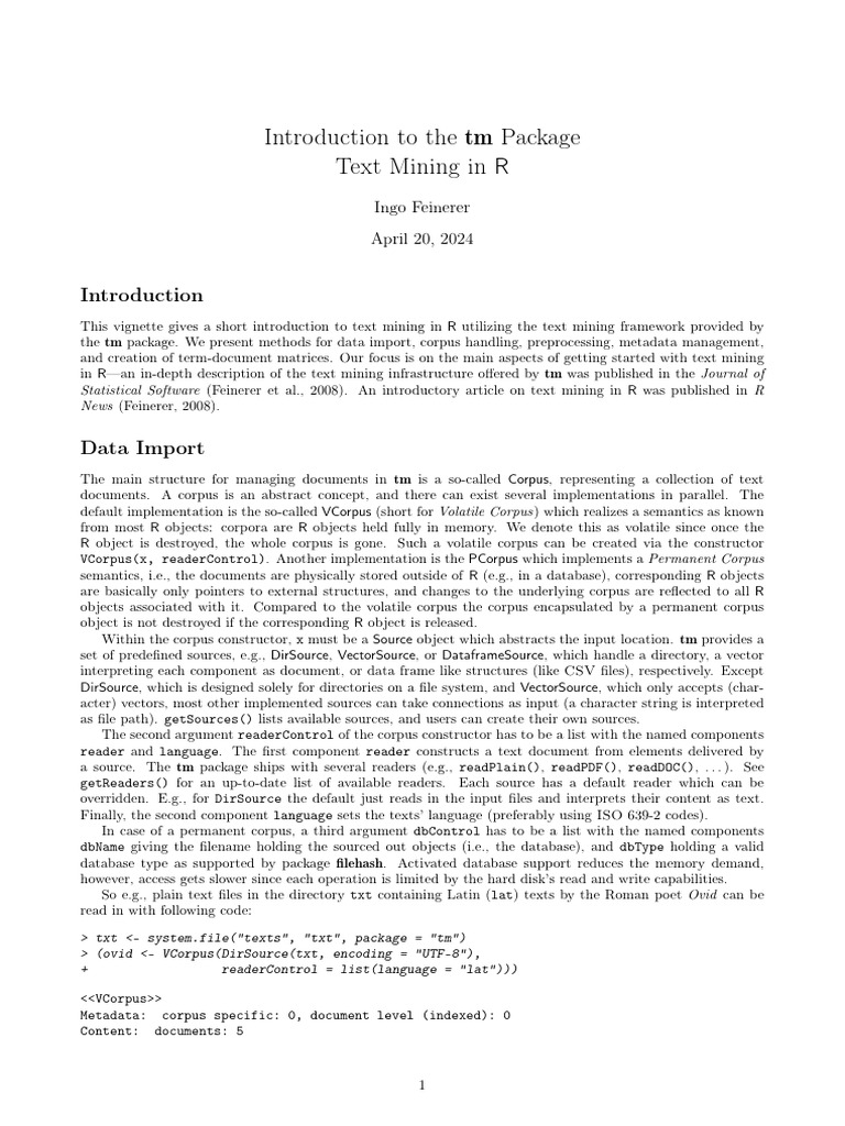 Introduction To The TM Package Text Mining in R: Ingo Feinerer April 20 ...