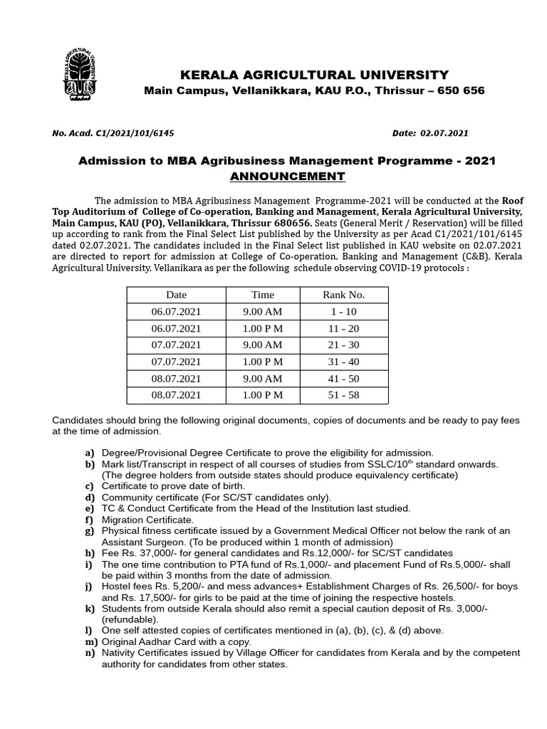 Mba Admission Schedule Announcement | PDF