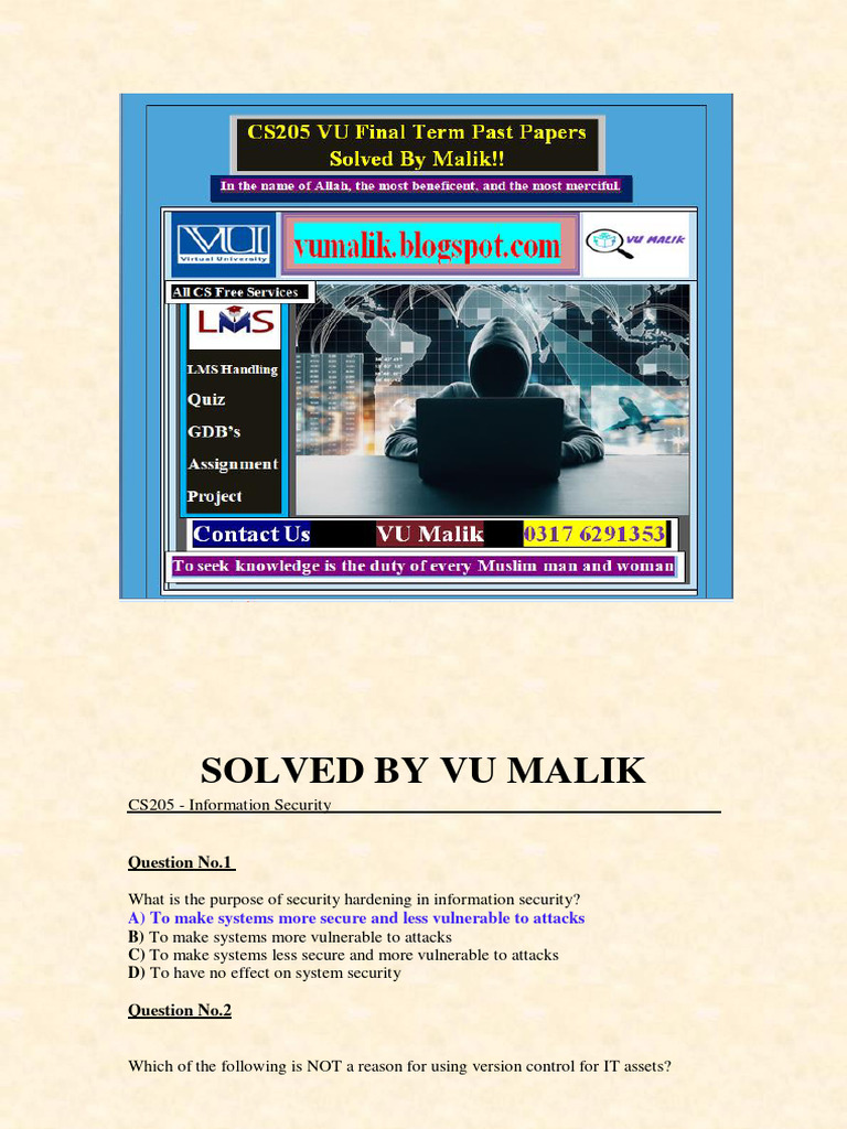 CS205 Final Term Past Paper 2023 SOLVED by VU Malik | PDF | Security | Computer Security