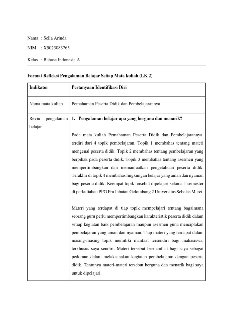 Sella Arinda - X9023083765 - Refleksi - PPDP | PDF | Pengembangan Diri