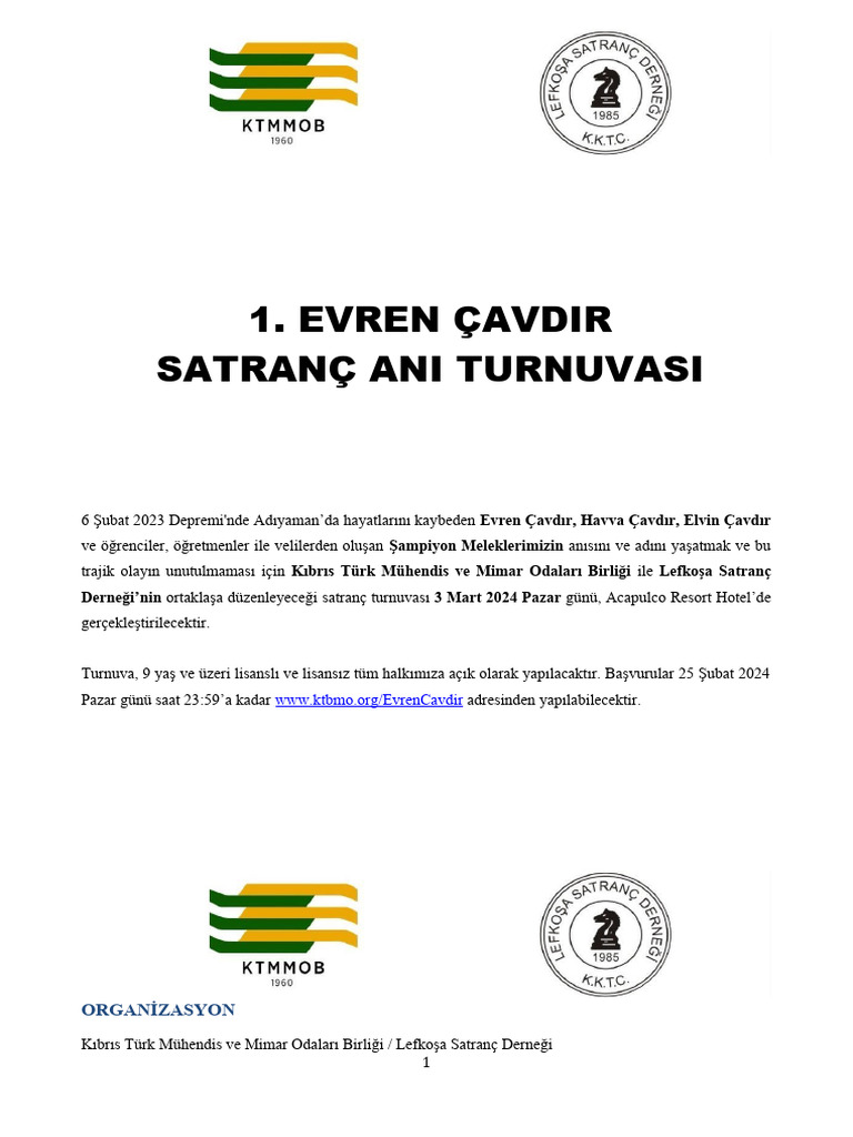 Evren Cavdir Satranc Ani Turnuvasi Duyuru Metni 12 Subat 2024 0 | PDF