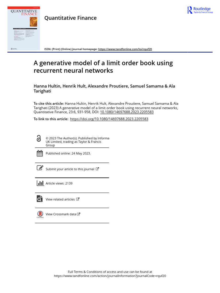 A Generative Model Of A Limit Order Book Using Recurrent Neural Networks Pdf Artificial