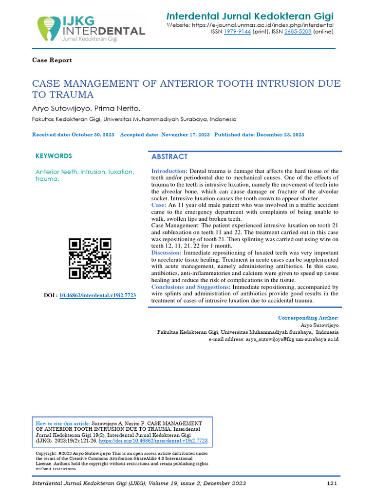 121 - 126 Case Management of Anterior Tooth Intrusion Due To Trauma | PDF