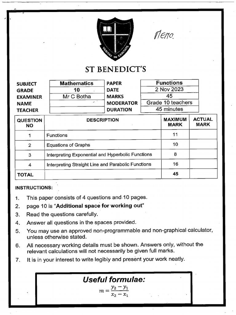 9b. Functions Test (2) Memo | PDF
