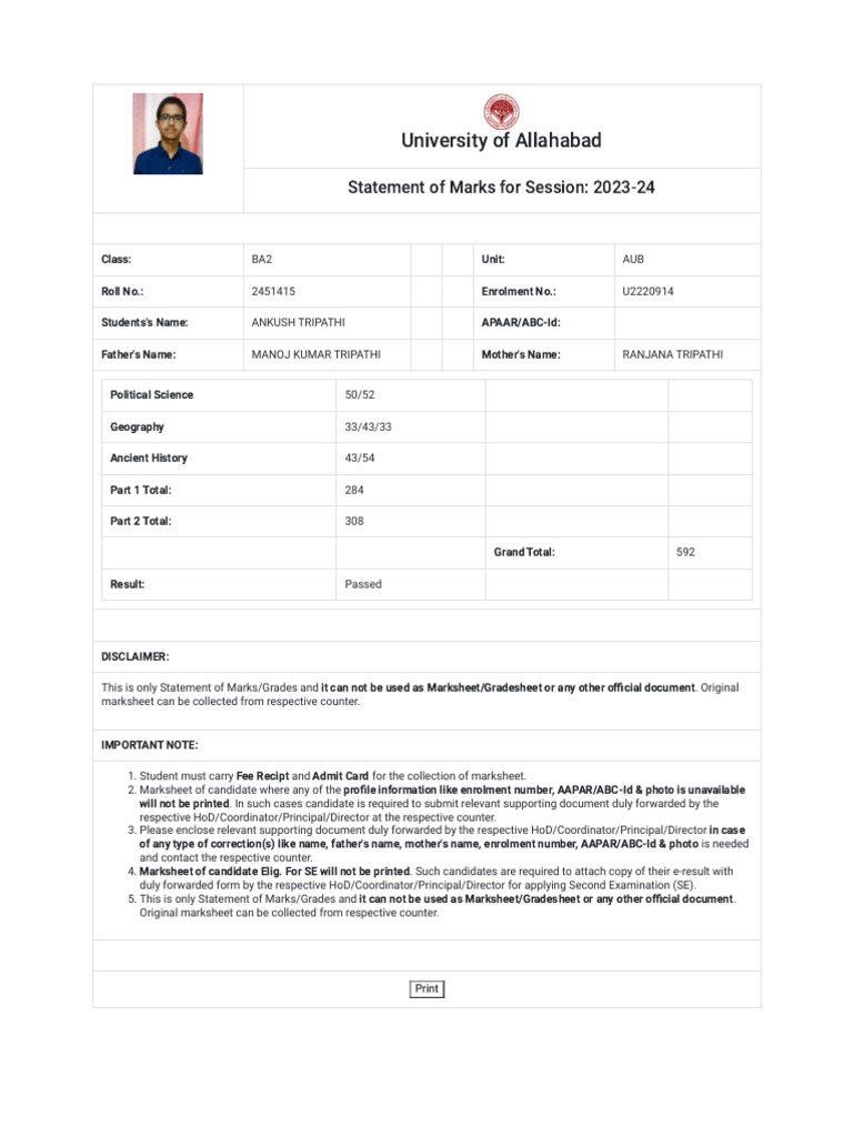 Statement of Marks - University of Allahabad | PDF