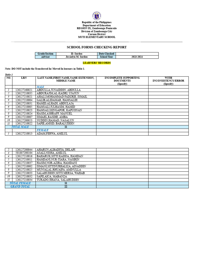 School Forms Checking Report | PDF