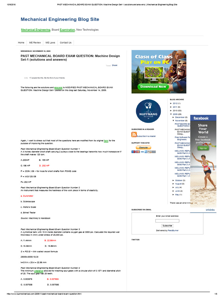 PAST MECHANICAL BOARD EXAM QUESTION - Machine Design Set 2016 | PDF ...