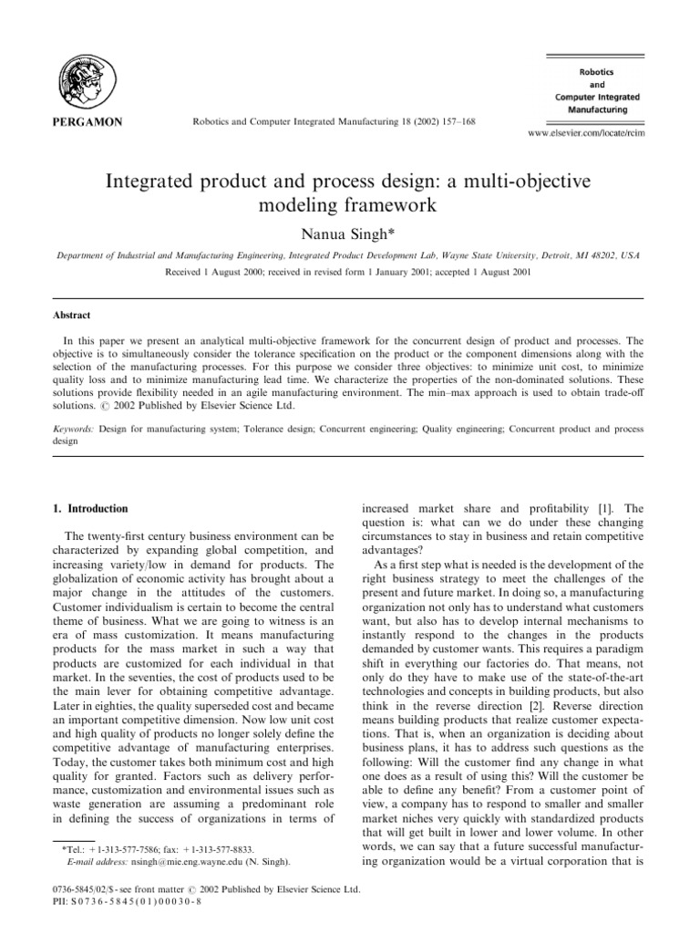 Integrated product and process design - a multi-objective modeling framework | PDF | Engineering ...