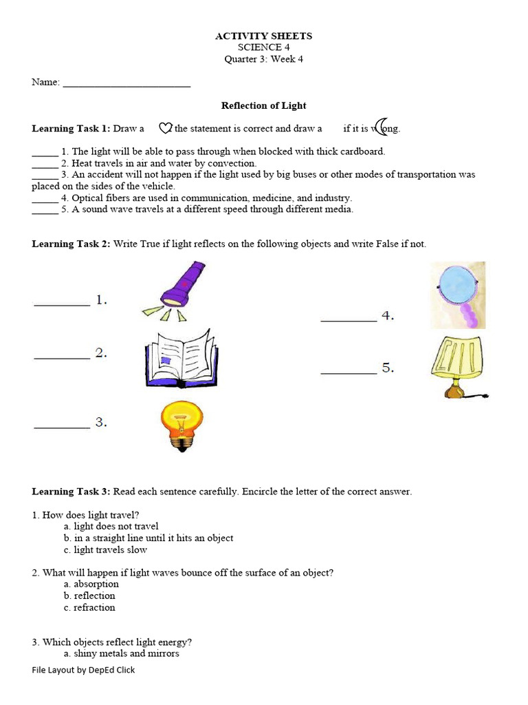 Reflection of Light Activity Sheet | PDF