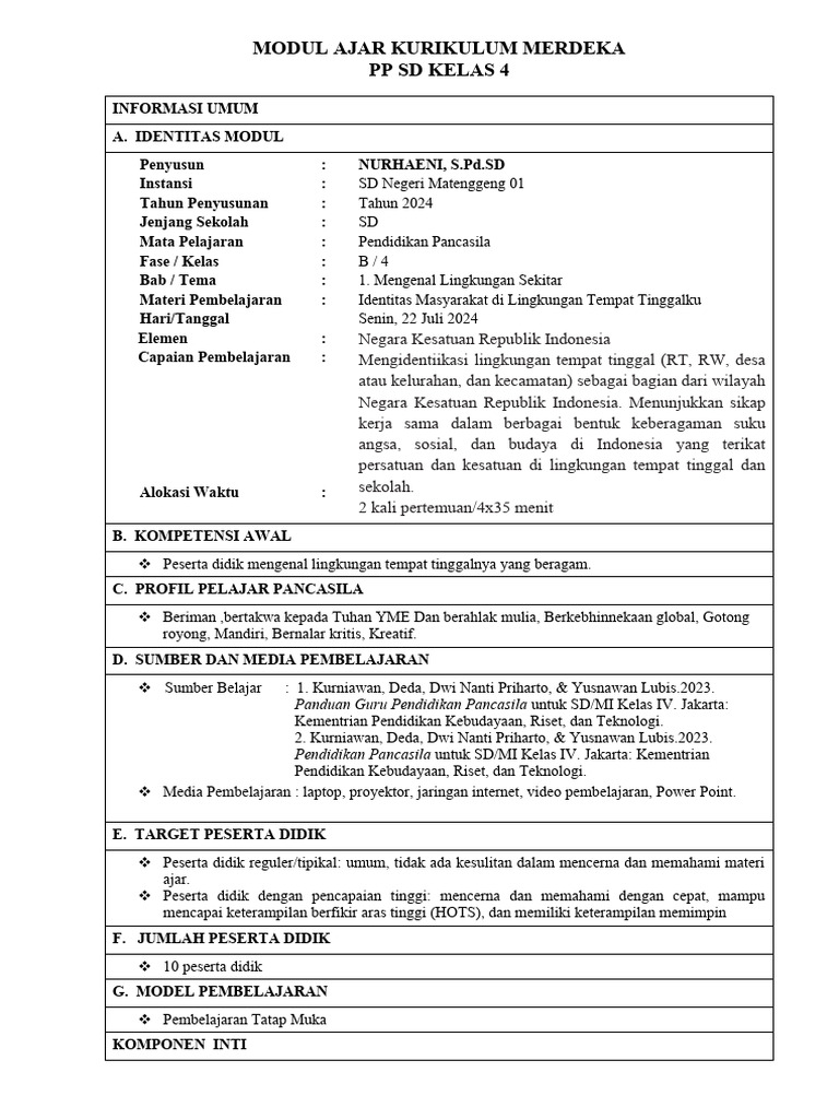 Modul Ajar Kurikulum Merdeka Pp (Modul Sederhana) | PDF