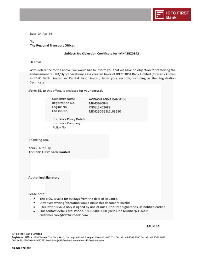 IDFC Settlement Letter | PDF