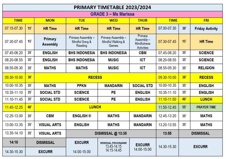Updated Grade 3 Timetable | PDF
