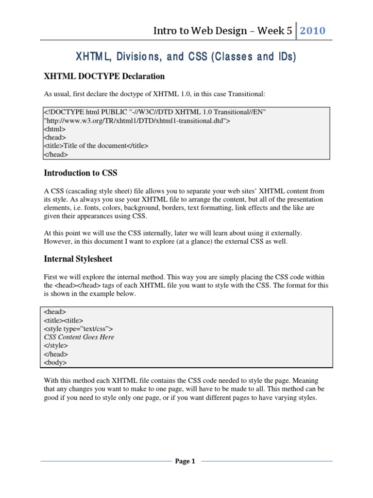 Xhtml Divisions Classes Ids Css Fall 2010 Pdf Cascading Style Sheets Html Element 3556