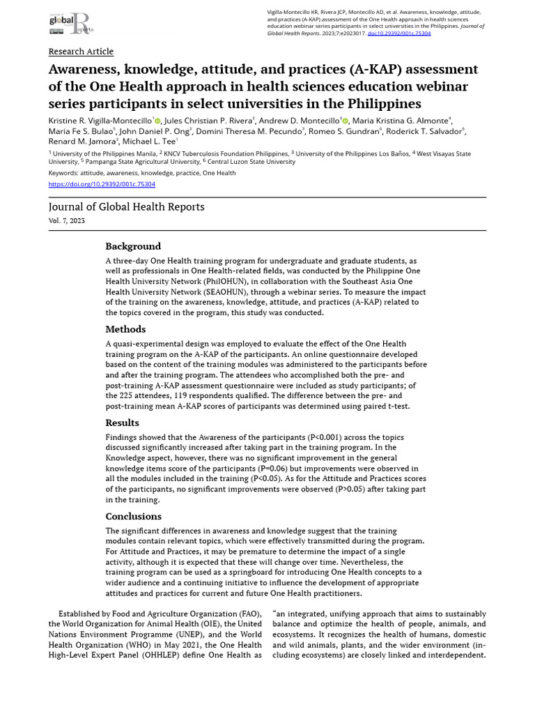 Awareness Knowledge Attitude and Practices A Kap Assessment of The One Health Approach in Health ...