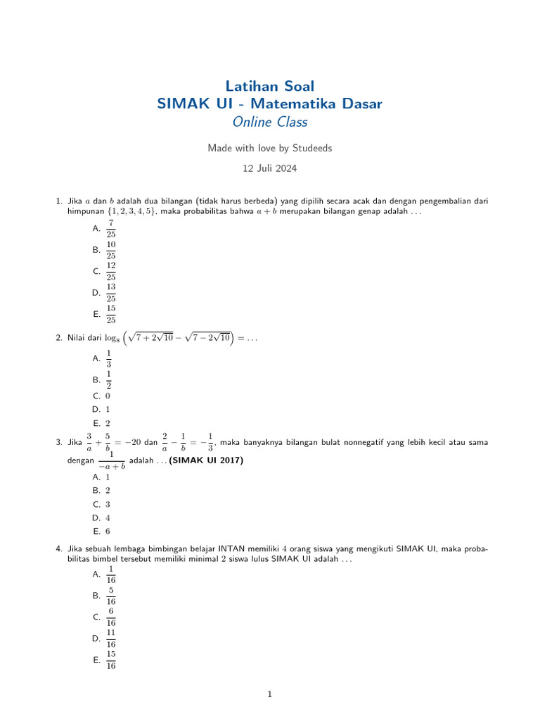 SSW #5 - Matematika Dasar SIMAK UI - Soal | PDF