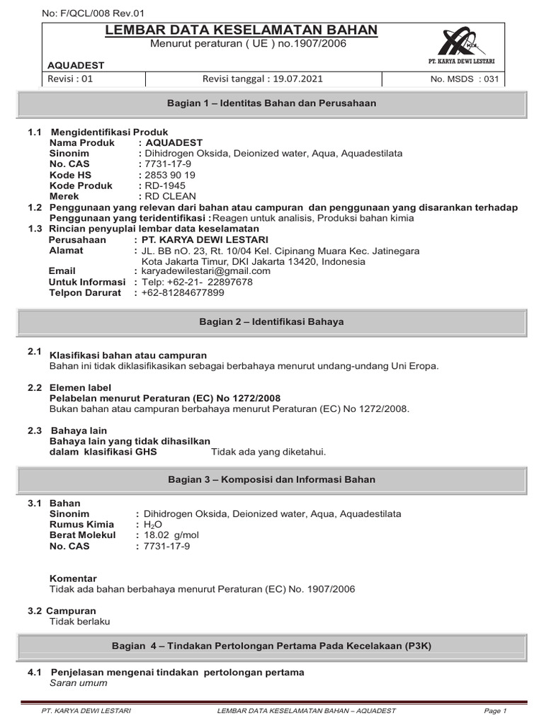 Lembar Data Keselamatan Aquades | PDF