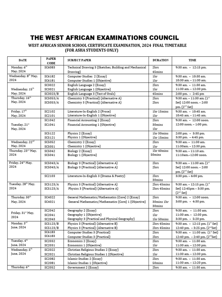 WAEC 2024 Timetable for Ashanti Students | PDF | Technology & Engineering