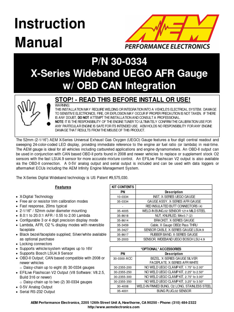 Techlibrary 30 0334 X Series Obdii Wideband Uego Controller Gauge | PDF
