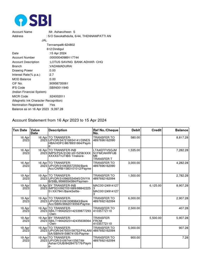 Sbi 16.04.2023 To 15.04.2024 Statement | PDF | Debits And Credits | Banks