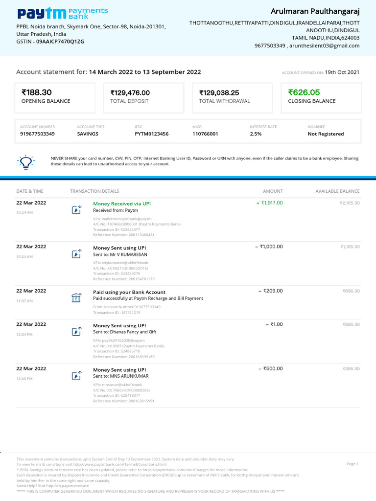 Account Statement 140322 130922 | PDF | Deposit Account | Annual Percentage Rate