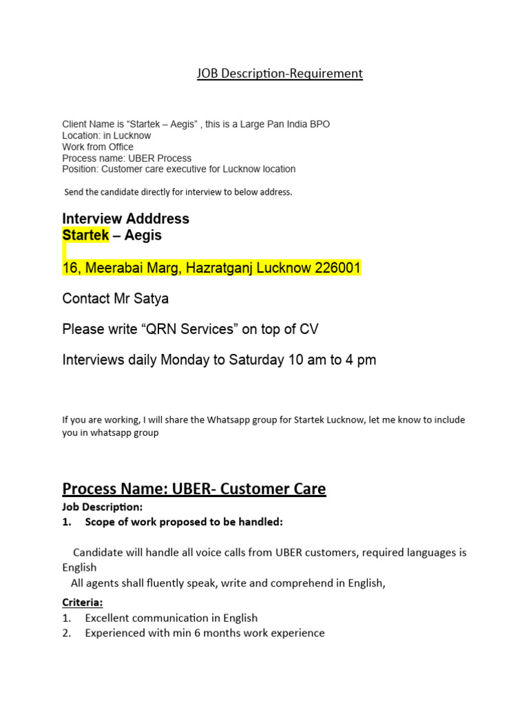 JD For Startek Lucknow UBER Process | PDF | Business