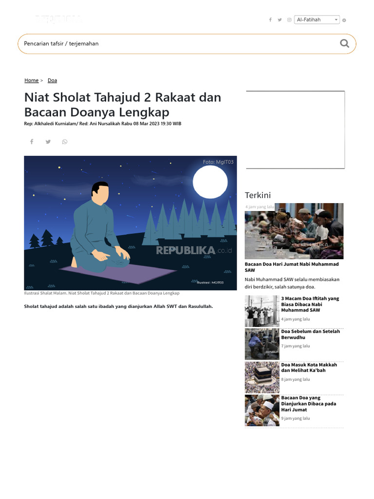 Niat dan Doa Sholat Tahajud 2 Rakaat | PDF