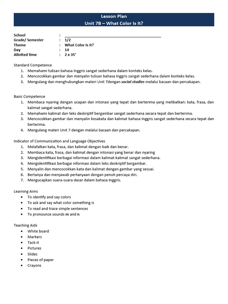 Lesson Plan Unit 7b | PDF | Cognition | Learning