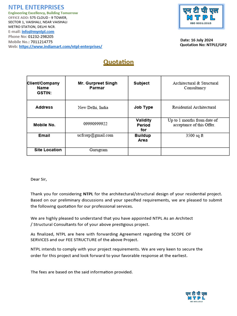 Mr. Gurpreet Singh-Architecture Quotation | PDF