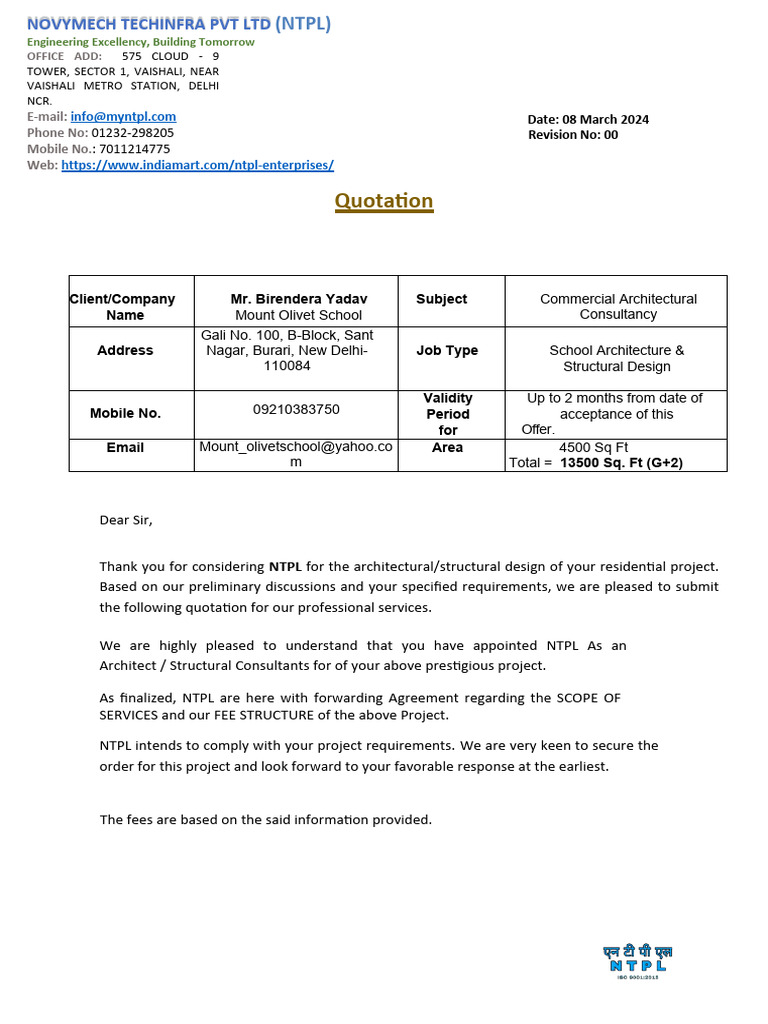 Mount School Architecture Consultancy Services Quotation | PDF | Technology & Engineering