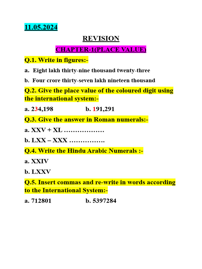 Class 5th Revision Place Value Solved | PDF | Cost | Mathematics Class 5th Revision Place Value Solved | PDF | Cost | Mathematics