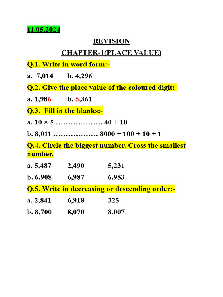 Class 3rd Place Value Revision | PDF