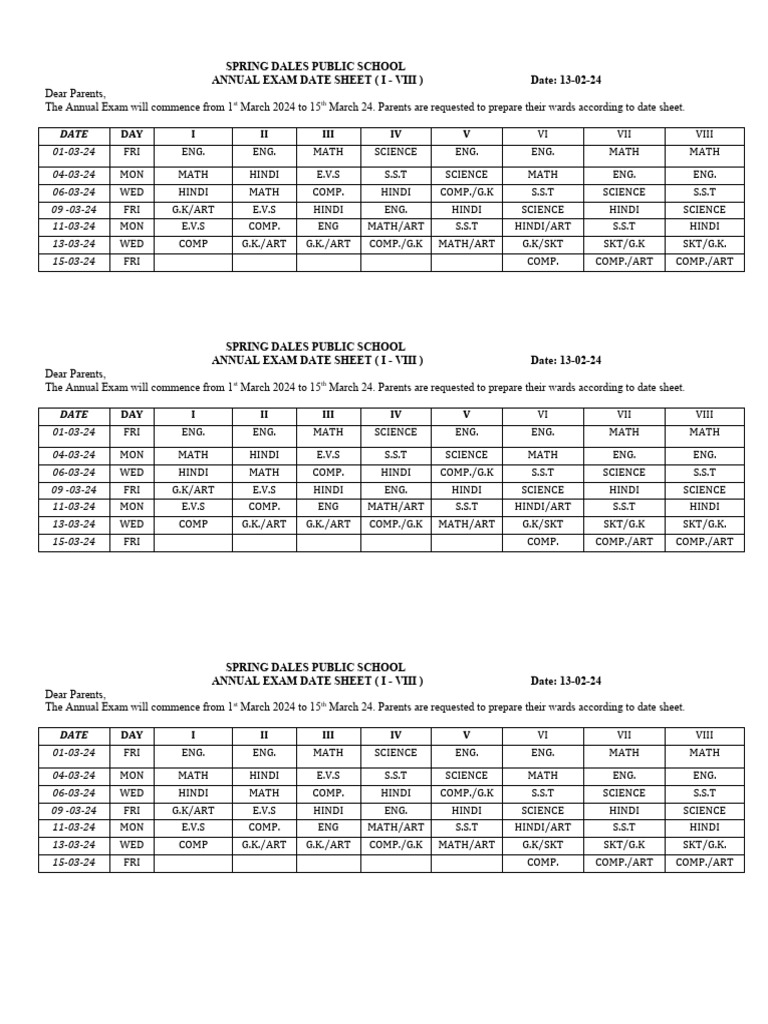 Final Year Date Sheet 2023 2024 Class 1 To 8th Pdf