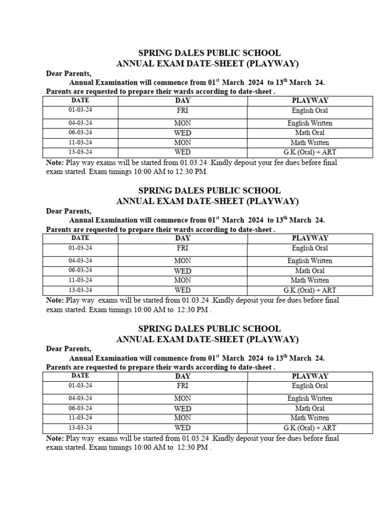 Playway Class Annual Exam Datesheet | PDF | Qualifications ...