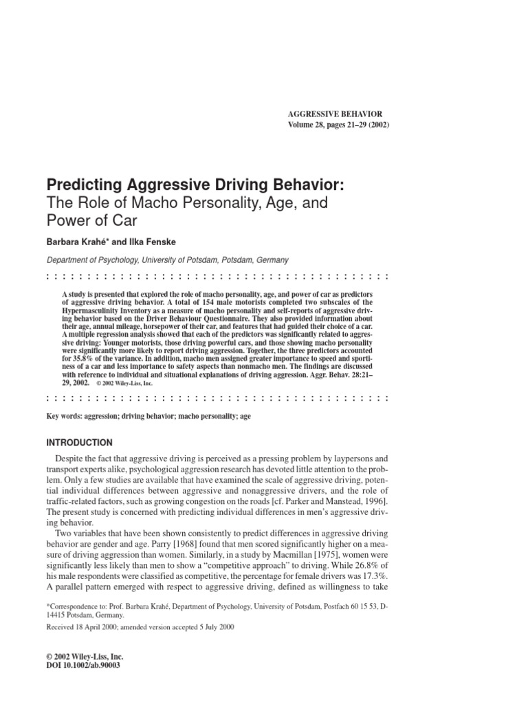 Aggressive Behavior - 2001 - Krahé - Predicting Aggressive Driving Behavior The Role of Macho ...