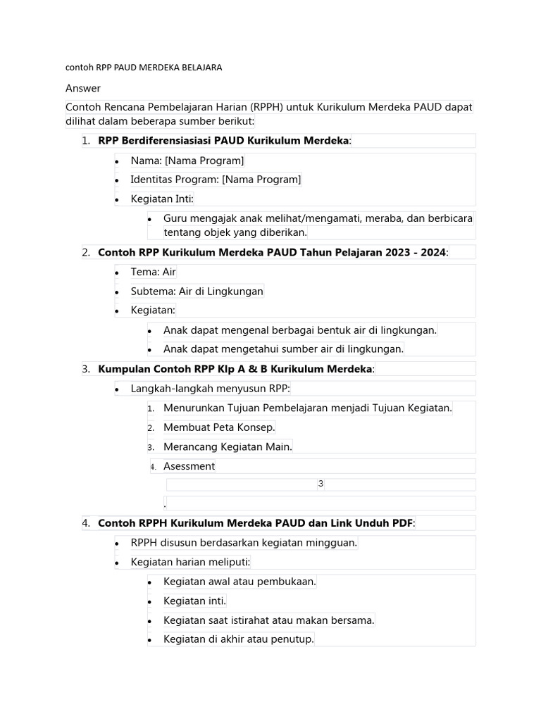 Contoh RPPH PAUD Kurikulum Merdeka | PDF