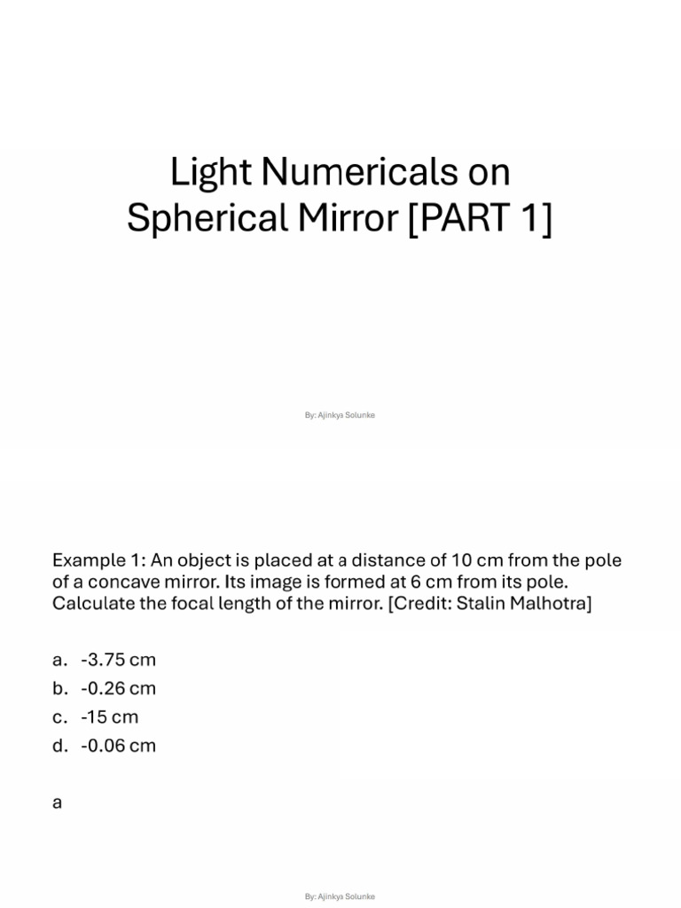 Light Numericals - Spherical Mirror 2024 2025 Final | PDF