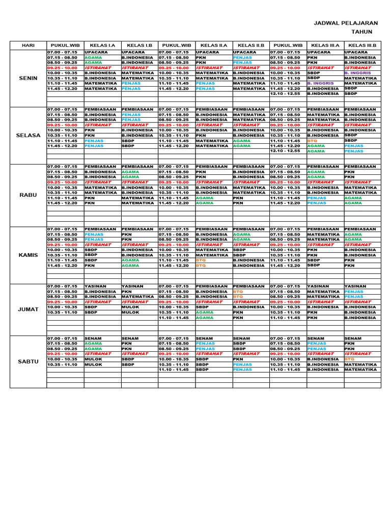 Jadwal Pelajaran SDN 2024-2025 | PDF