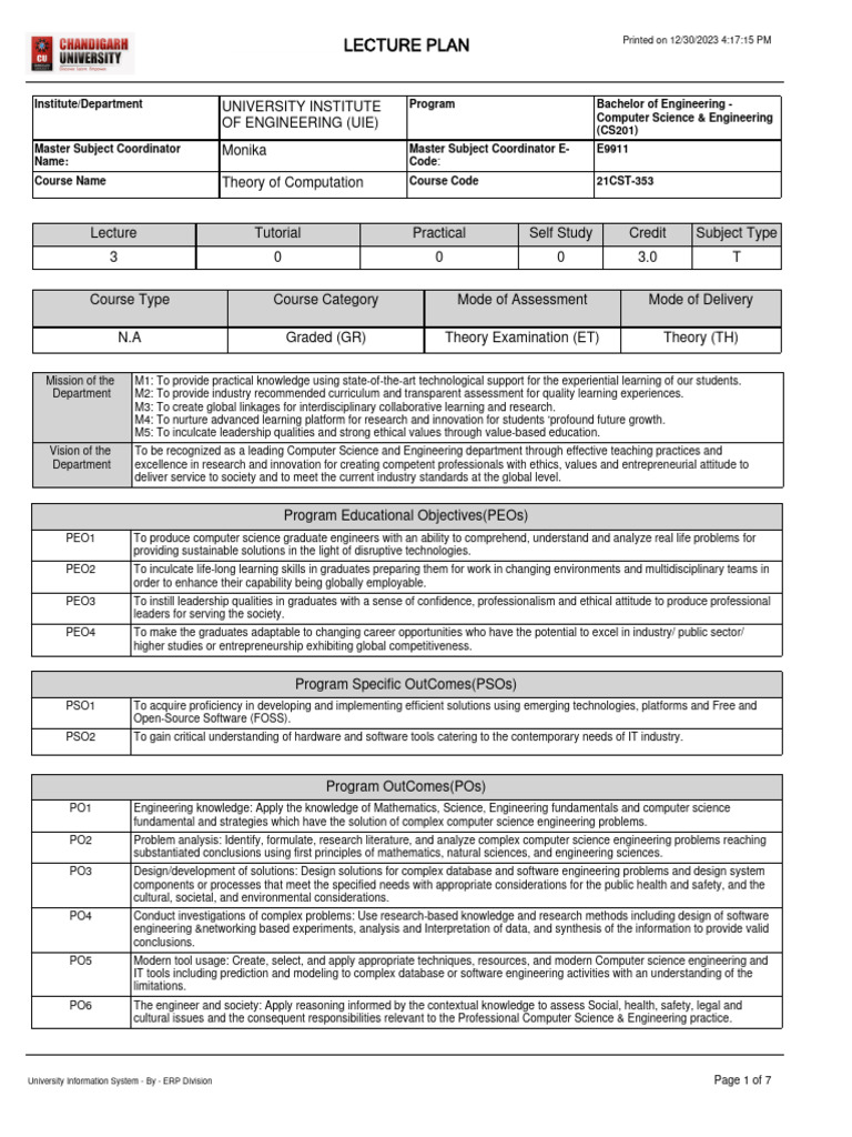 LecturePlan CS201 21CST-353 | PDF | Automata Theory | Engineering