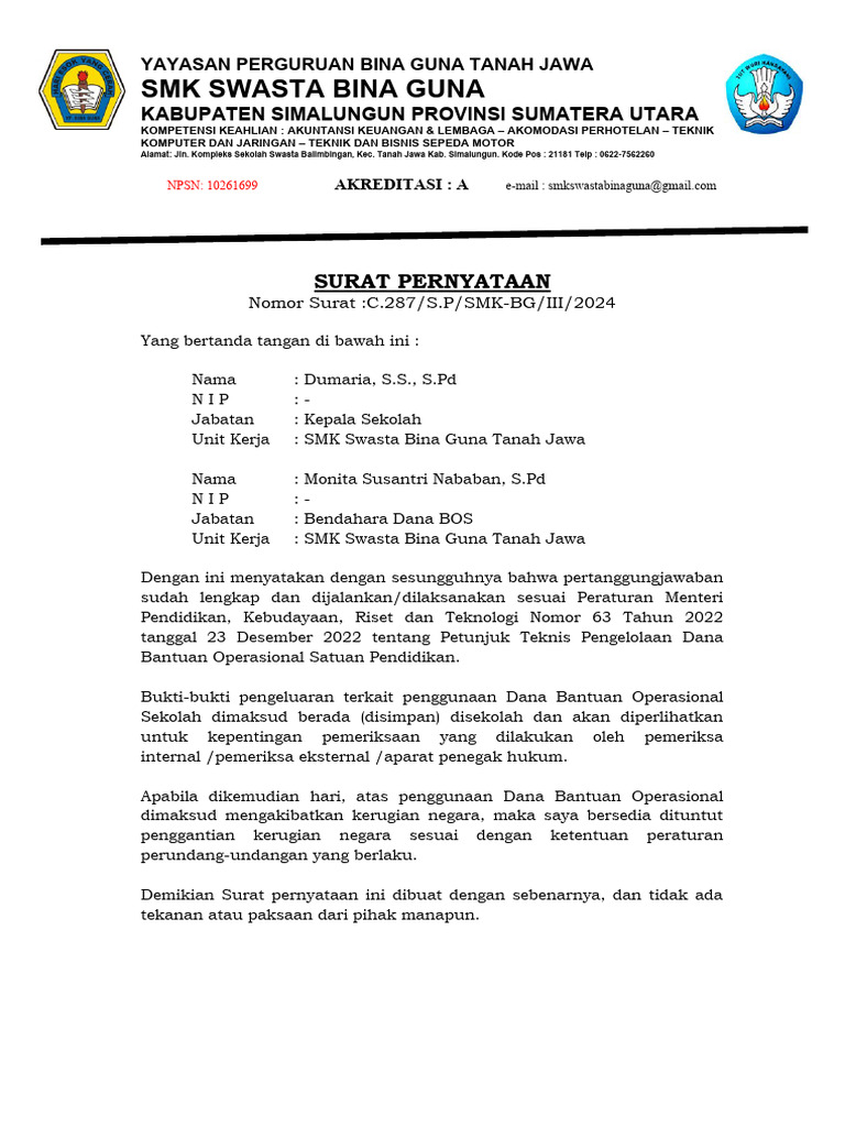 Surat Pernyataan Kepsek 2024 | PDF